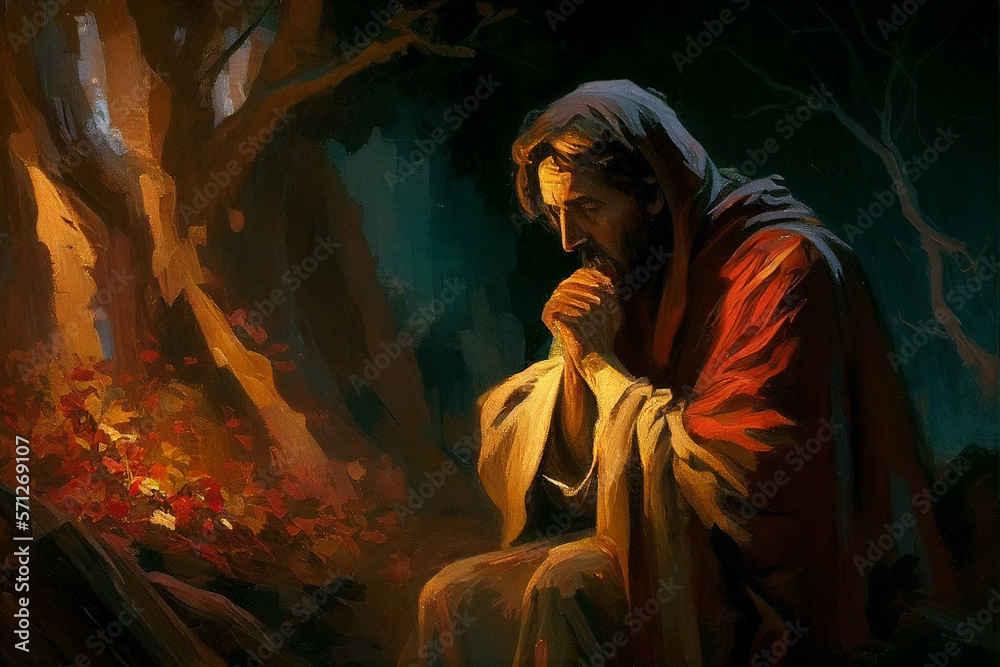 Jesus Christ in deep prayer in the garden of Gethsemane oil painting ...