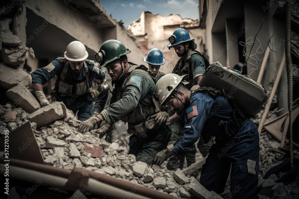 Men in protective uniforms and hardhats removing pieces of a broken ...