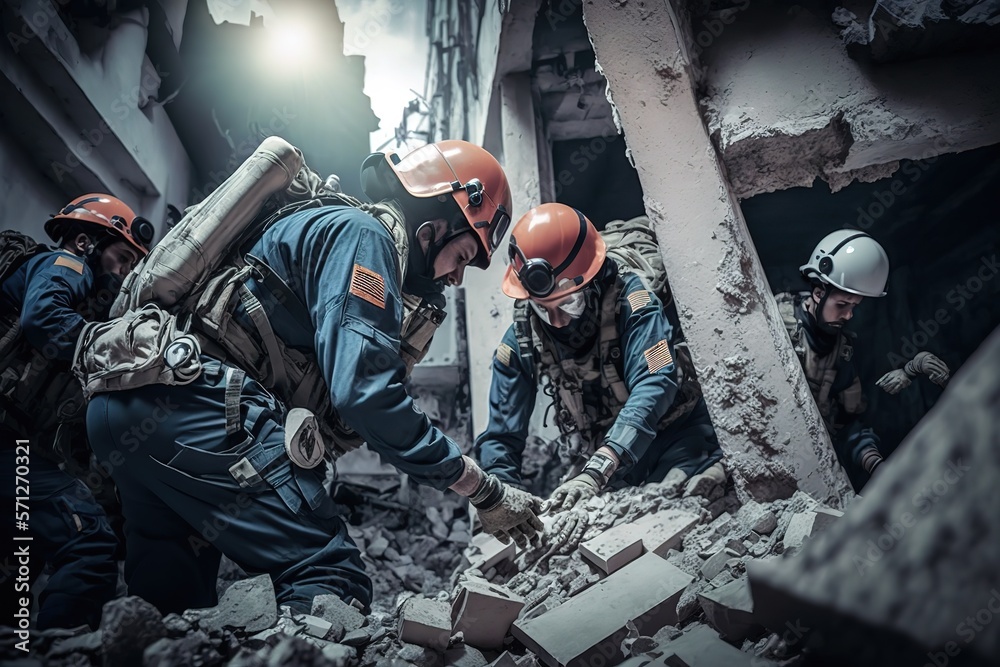 Men in protective uniforms and hardhats removing pieces of a broken ...