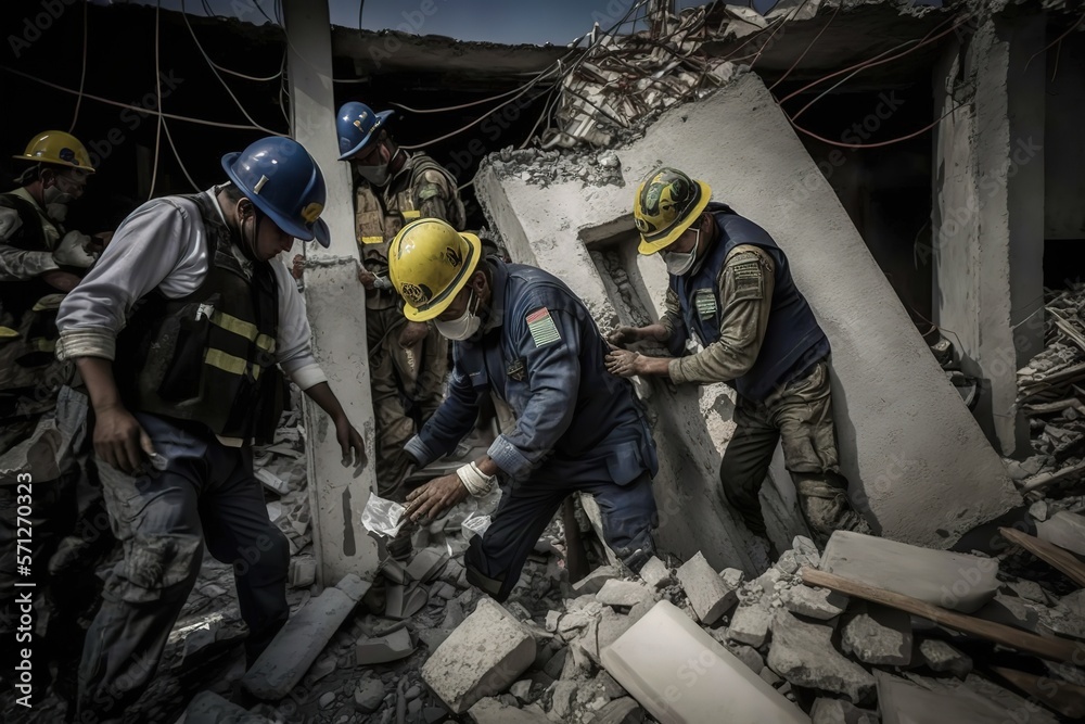 Men in protective uniforms and hardhats removing pieces of a broken ...