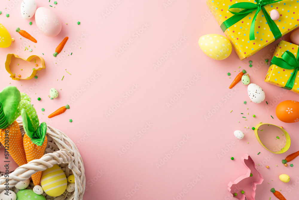 Easter celebration concept. Top view photo of yellow gift boxes basket ...