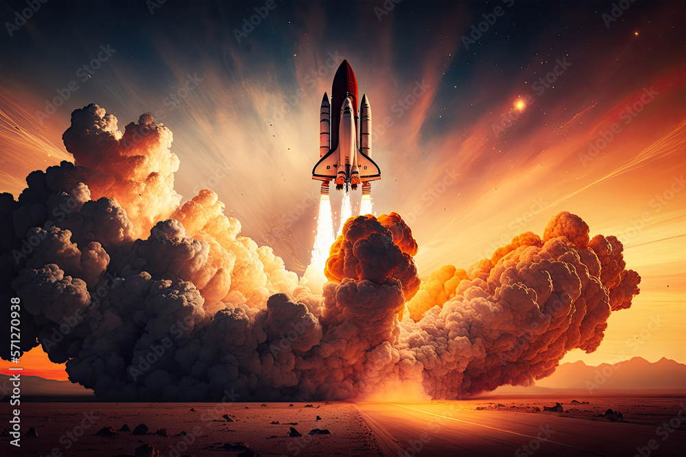 Space shuttle rocket with blast and smoke into space with red planet ...