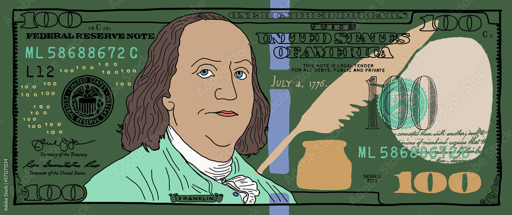 Cartoon hand drawn colorized 100 dollar banknote Stock Illustration ...