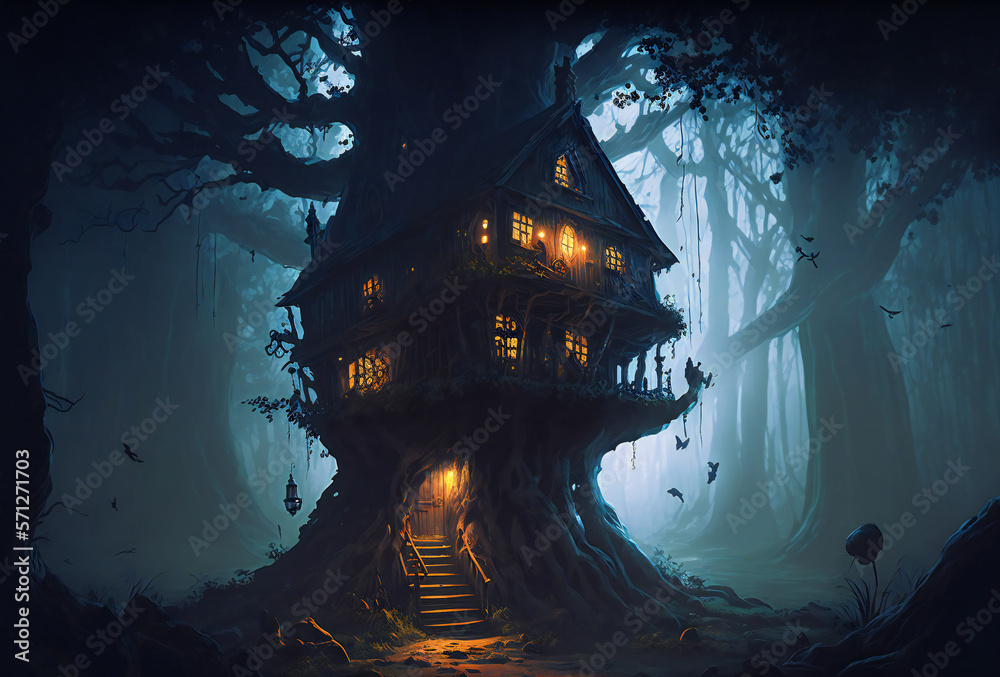 Tree house in the night, illuminated from inside. Fictional ...