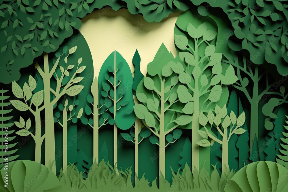 Green forest and wildlife background in paper cut art style. Generative ...