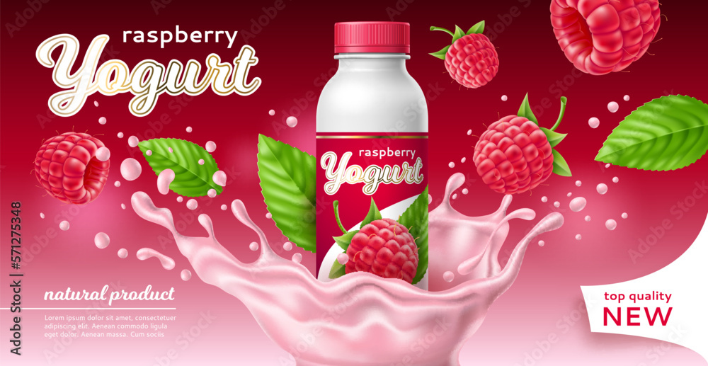 Realistic yogurt poster. Natural drinking fermented milk product with ...