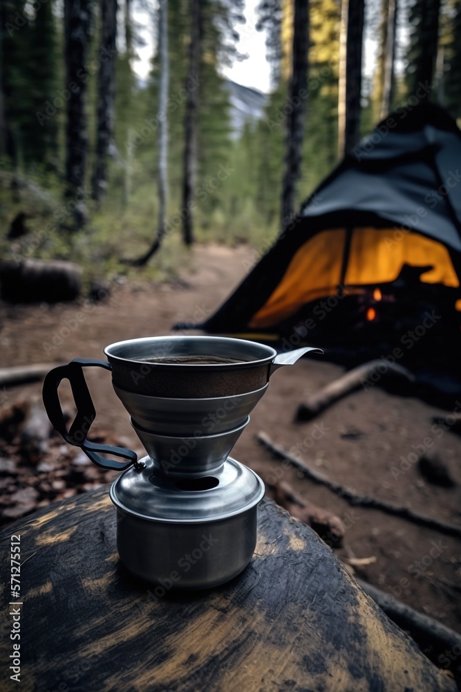 Coffee making while stopping for a break in a nature hiking spot with a ...