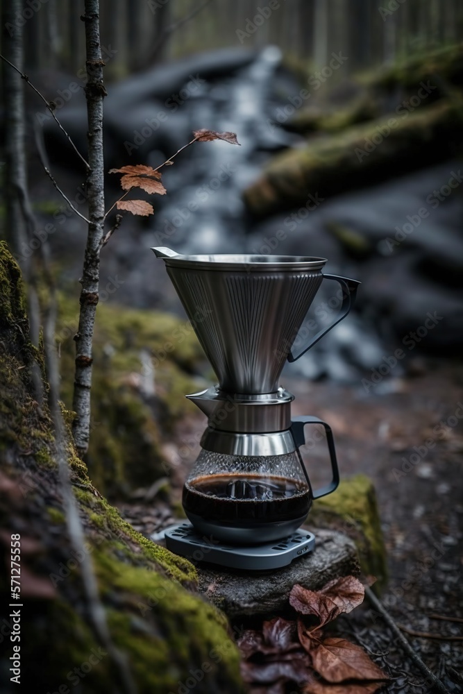 Coffee making while stopping for a break in a nature hiking spot with a ...