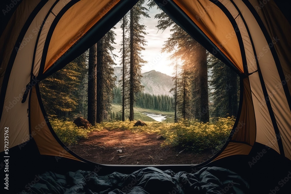 A camping tent in a nature hiking spot (view from inside the tent ...