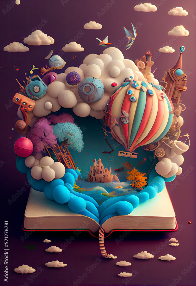 Magic book with adventure stories castles and flying balloons coming ...