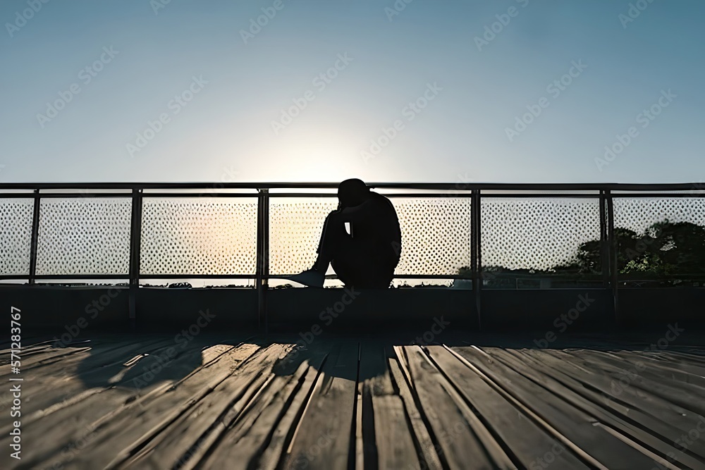 Silhouette of a Depressed Man Sitting on a Pier with a Glaring Sunshine ...