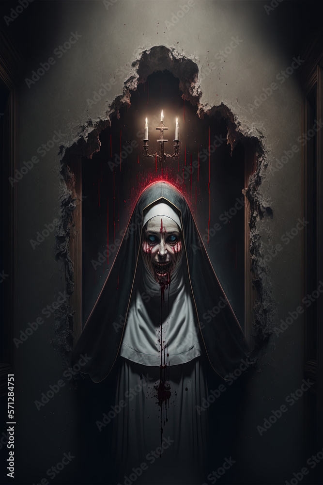 Scary evil nun with blood on her face, Generative AI Stock Illustration ...