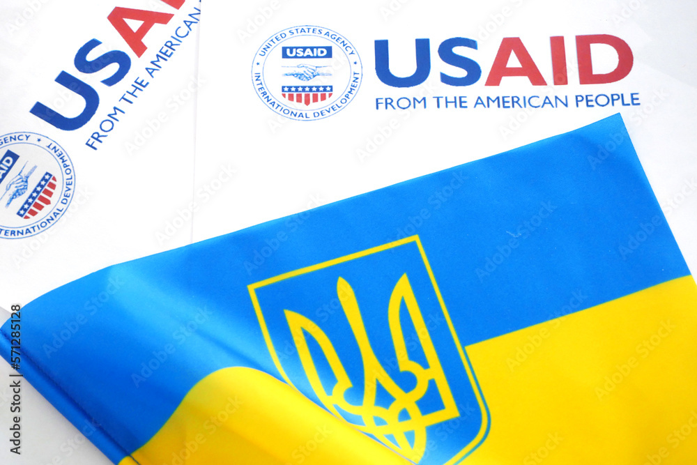 Kiev, Ukraine - 02 12 2023: USAid logo and ukrainian flag, USAid is USA ...