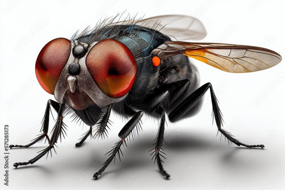 An up-close image of a black fly with piercing red eyes, set against a ...