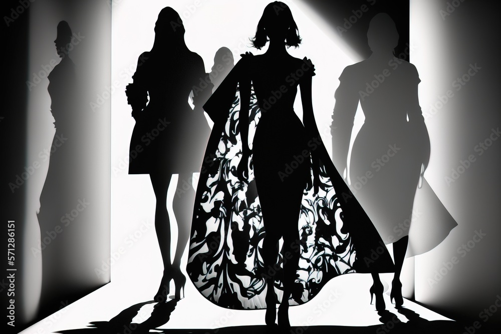Fashion catwalk silhouette with model and supermodel in black and white ...