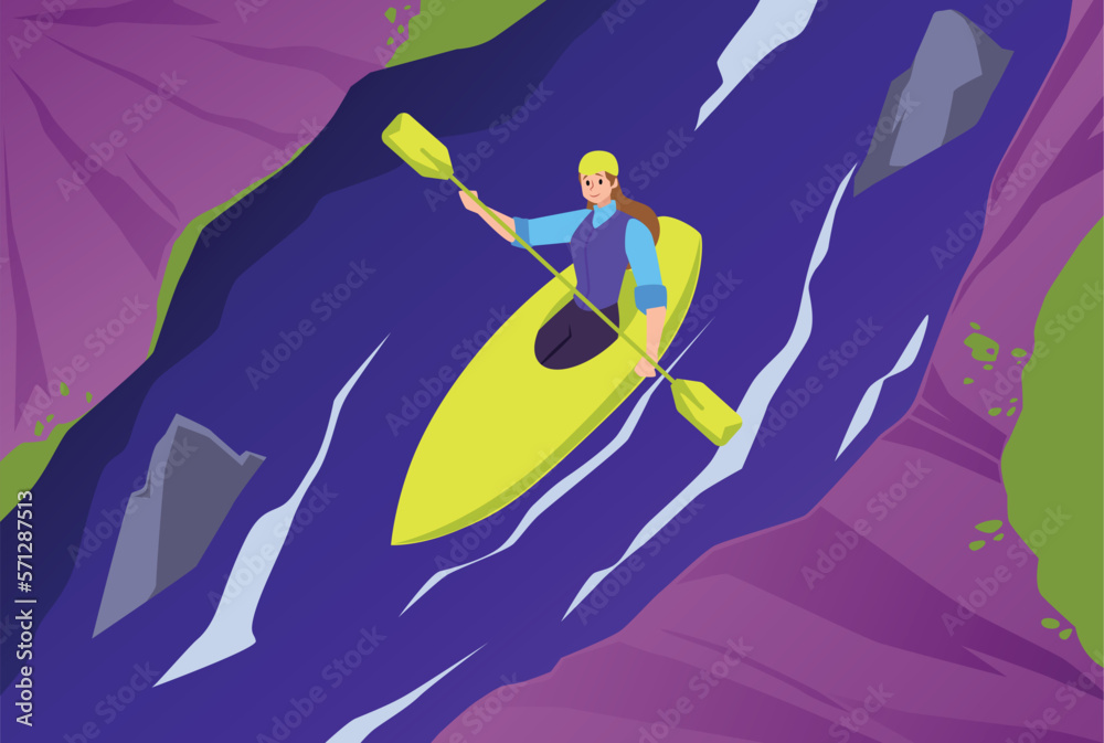 Kayaking adventure scenery background, flat cartoon vector illustration ...