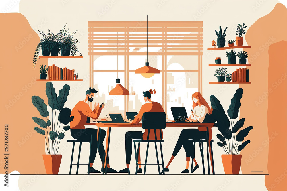 Concept drawing of working from home in a coworking setting. Young men ...