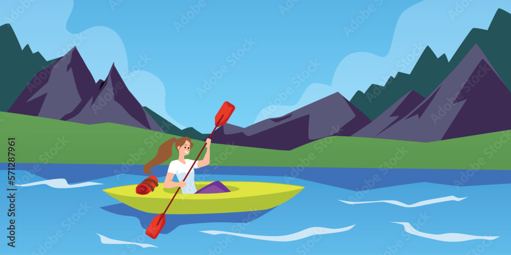 Kayaking adventure scenery background, flat cartoon vector illustration ...