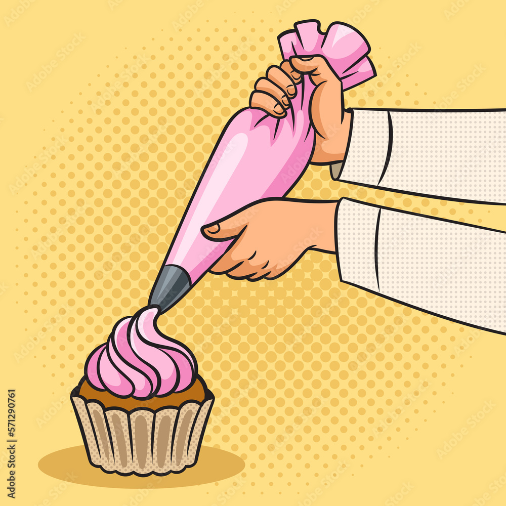 Pastry bag in hands of confectioner making decorates cake with cream ...