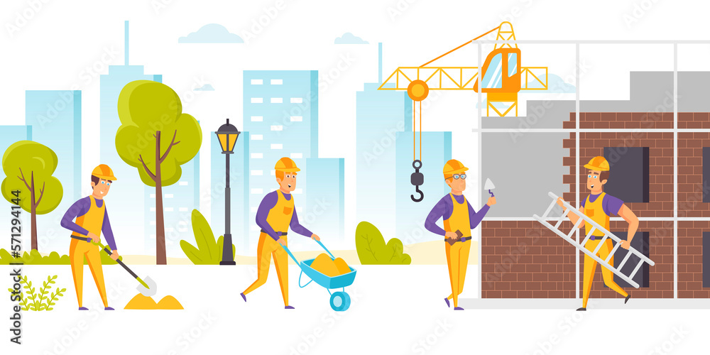 Group of builders in hard hats and uniform working on construction site ...