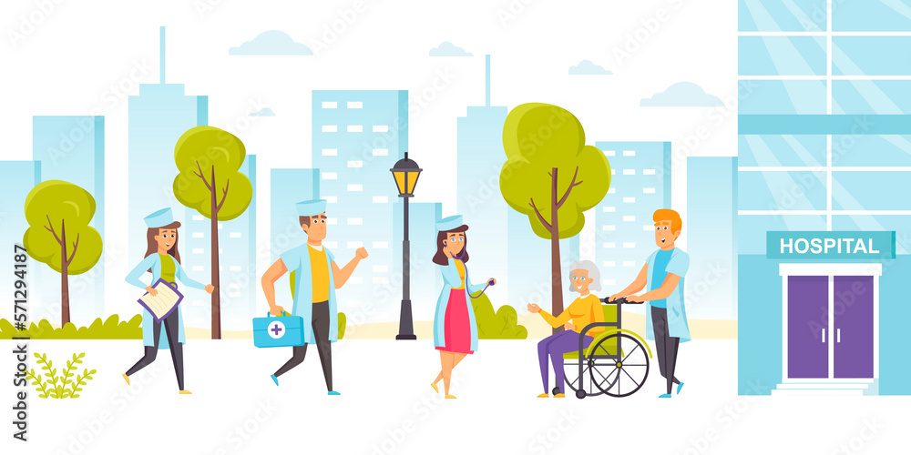 Doctors or physicians and disabled patient in wheelchair outside of ...