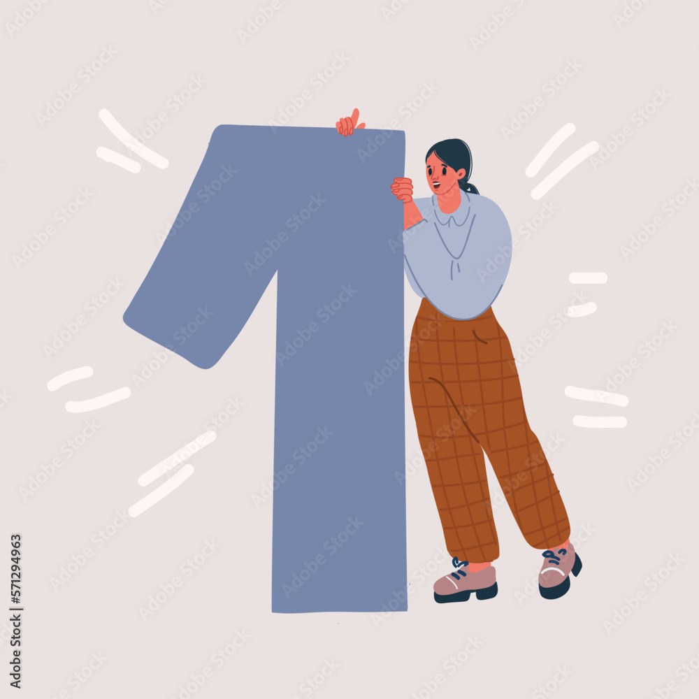 Vector illustration of woman holds big number one. First place, best ...