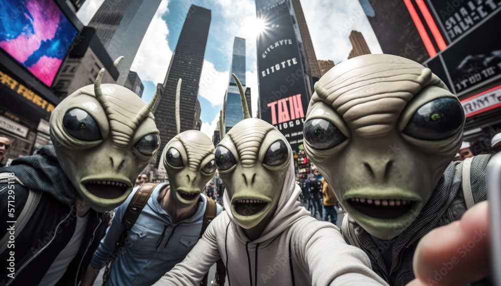 Alien invasion. Area 51 Aliens Selfie in Times Square, NY - Group of ...