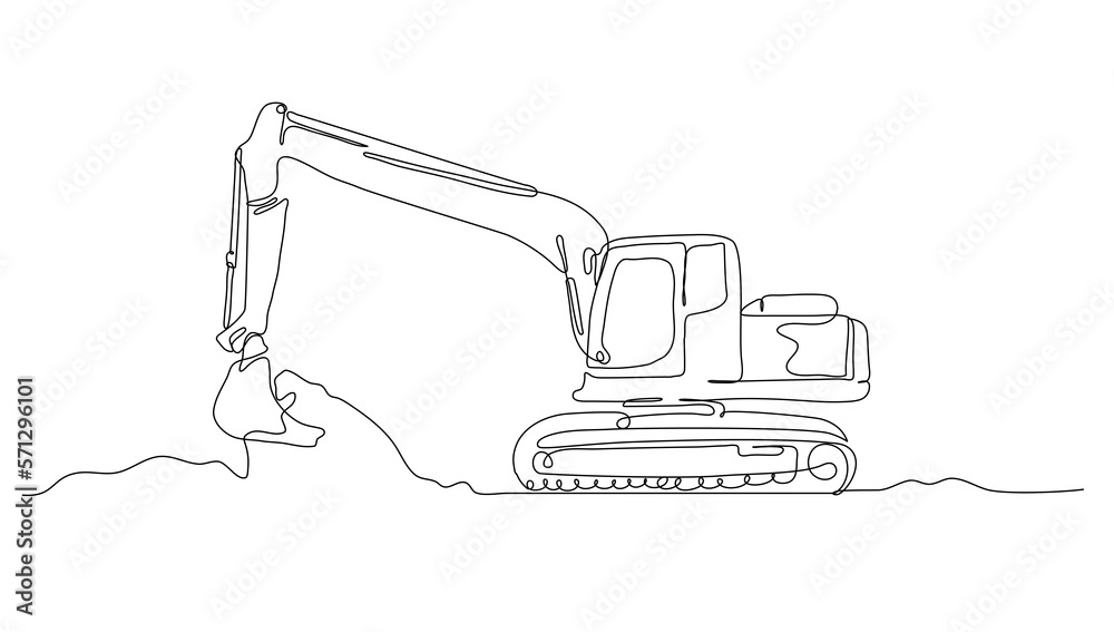 Continuous line art or One Line drawing of excavator for digging soil ...