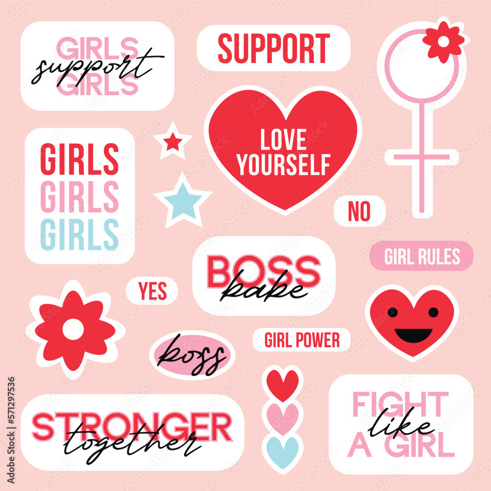 Big sticker set with girl power slogans and feminist quotes. Vector ...