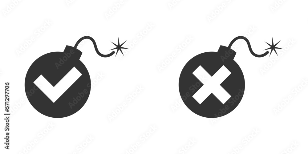 Bomb icon with check mark and cross signs. Vector illustration ...