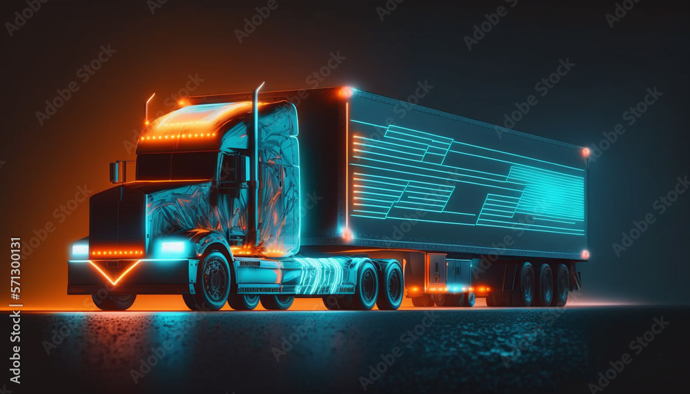 neon truck with Cargo Trailer Drives at Night on the Road. Generative ...