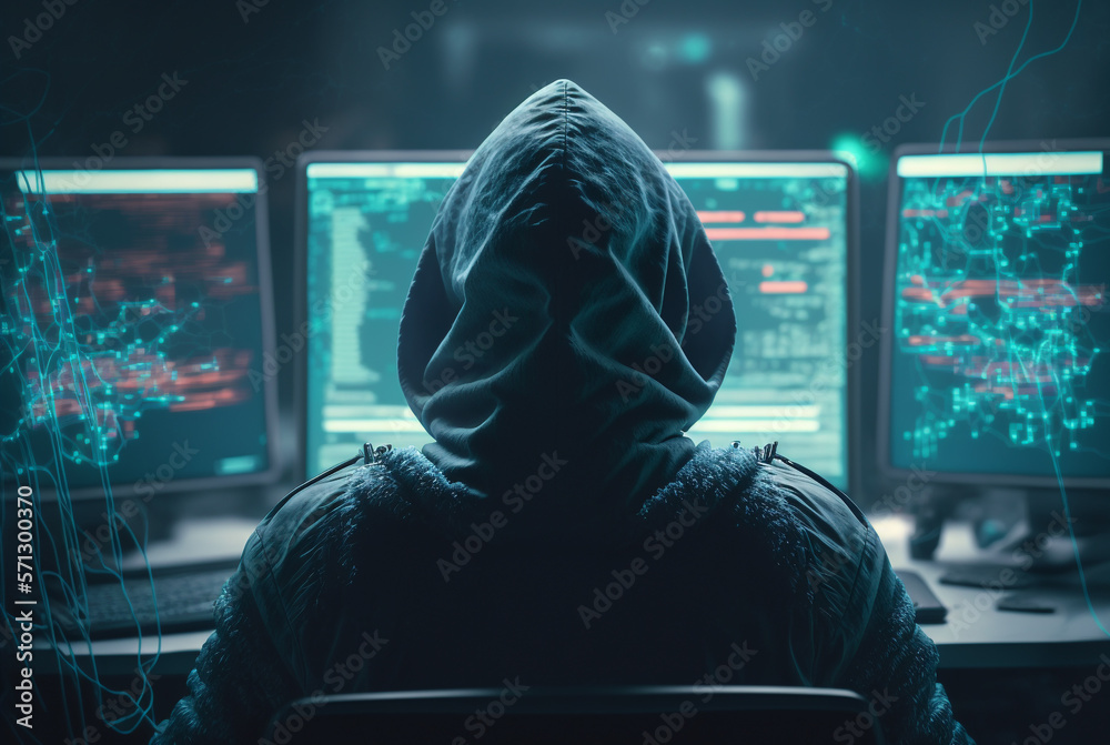 Hacker in front of computer screens. Rear view. Created with Generative ...