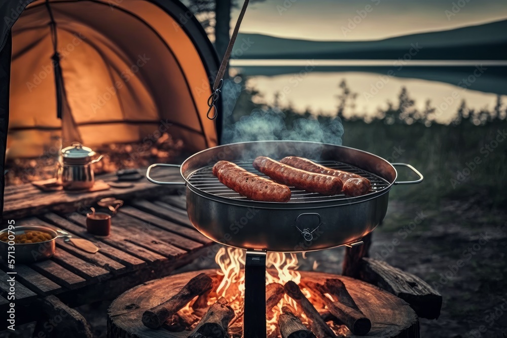 Carbecue at the campsite. Appetising meat sausages are fried. Camping ...