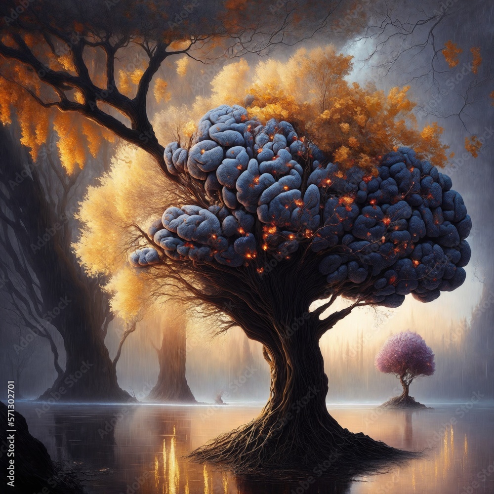 surreal oil painting of tree shaped like brain with a mysterious lake ...