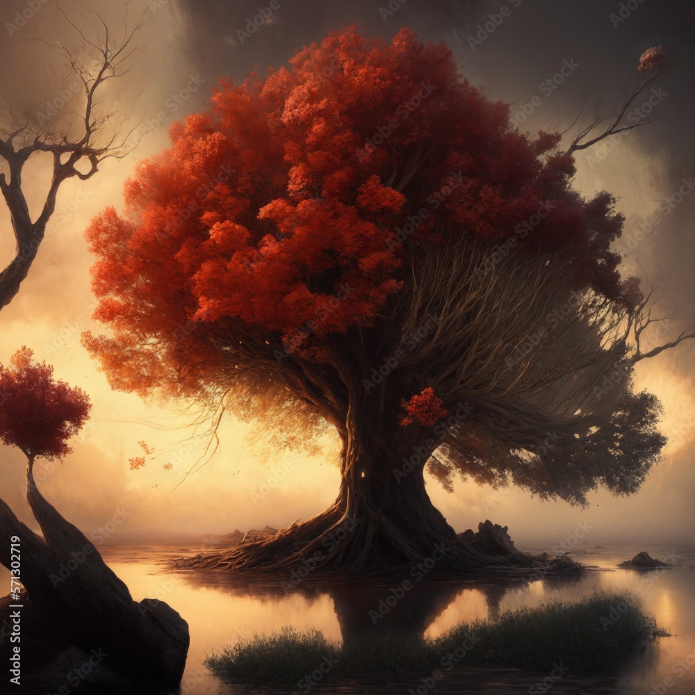 oil painting of a tree of wisdom in a fantasy landscape during sunset ...