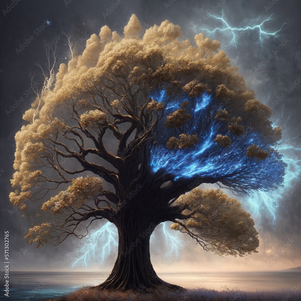oil painting of tree of neurons with a stormy lake background ...