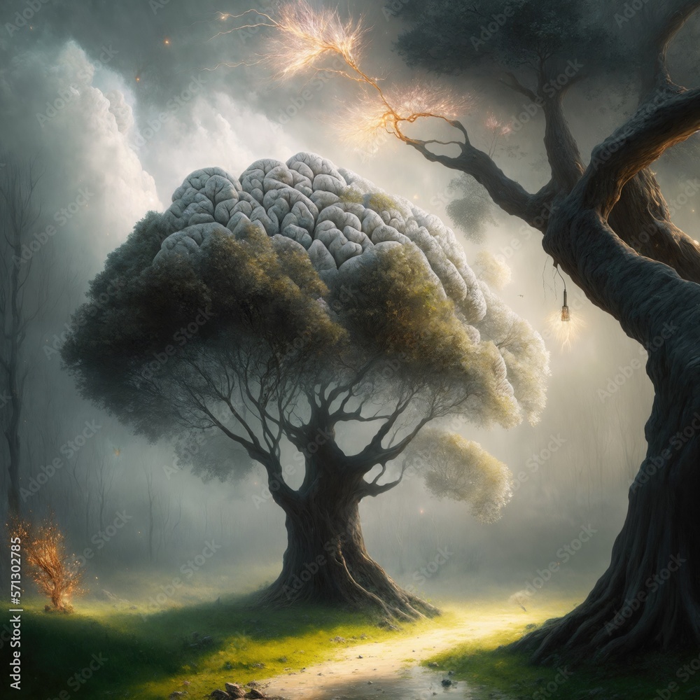 abstract oil painting of tree shaped like brain with a fantasy nature ...