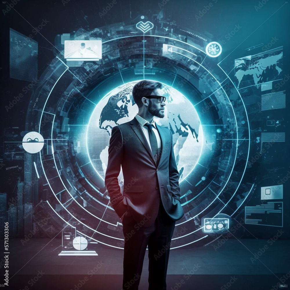 generative ai illustration of a man looking the metaverse ina data ...