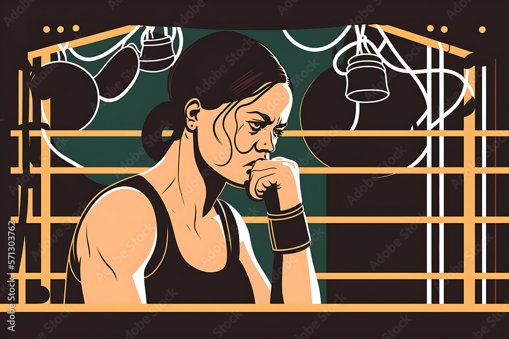 Flat vector illustration Thoughtful female boxer leaning on ropes in ...