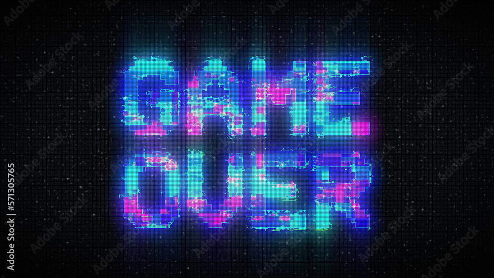 Retro video game screen with glitch. Game over with noisy distortion ...