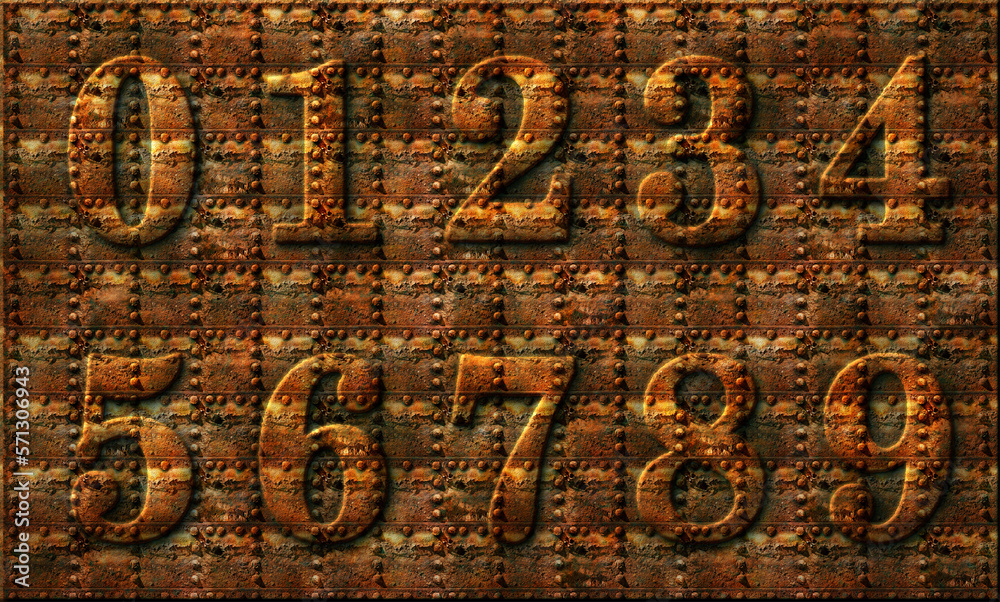 Number Line with Riveted Rusty Metal Numbers Zero through Nine 3D ...