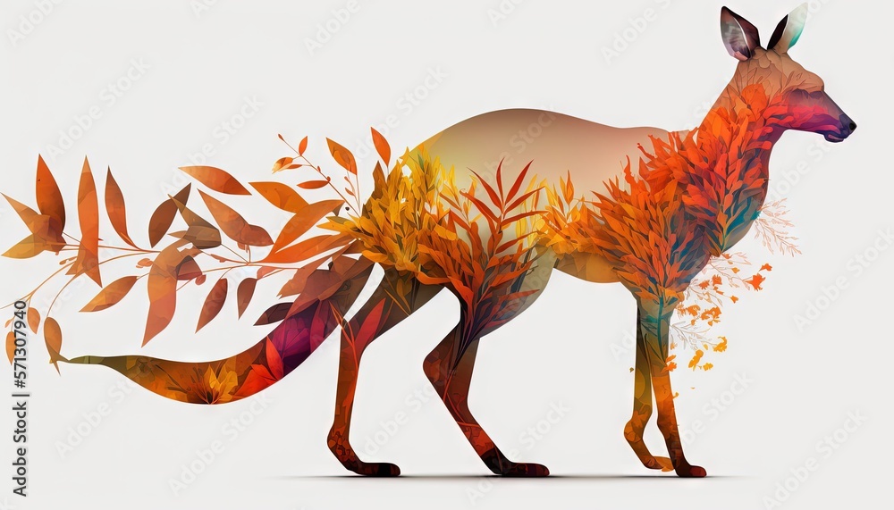 a picture of a kangaroo with leaves on it's back and a body of leaves ...