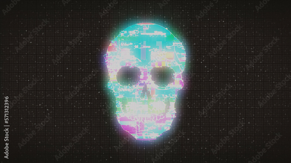 Human Skull on Digital Old TV Screen, Glitch Noise Pixel Interference ...