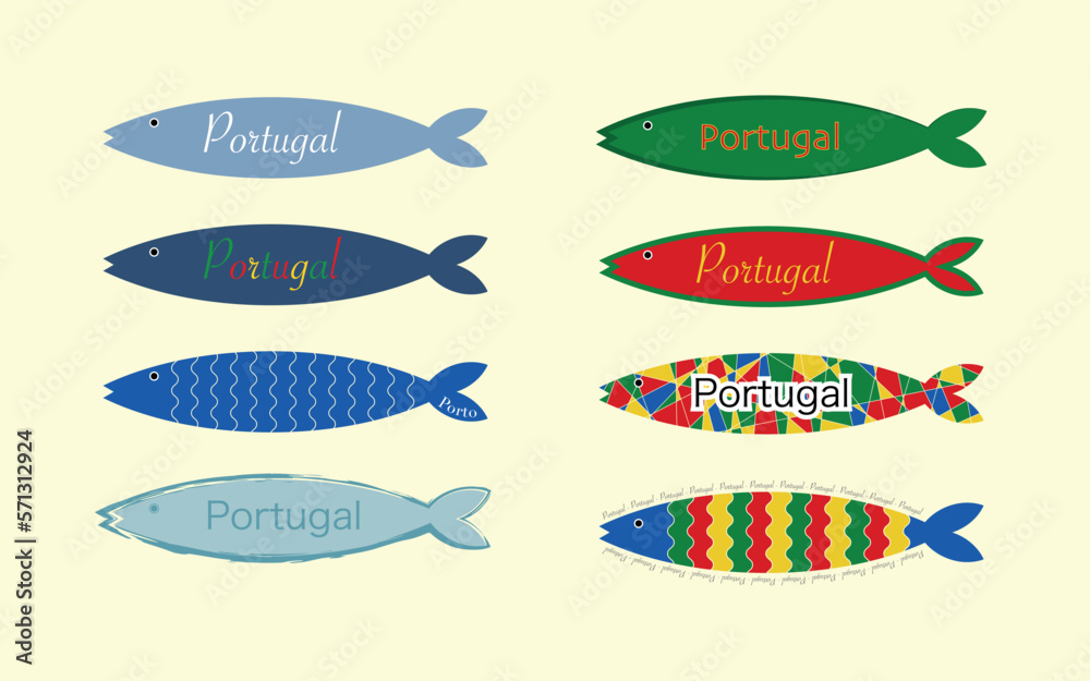 Vetor de Collection with eight different sardines - vector drawing with ...