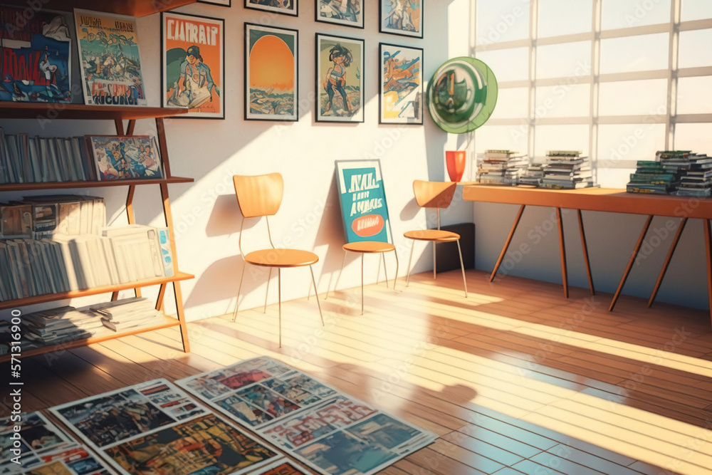 Mid century Card/Comic book shop Interior Design - AI Generated Stock ...