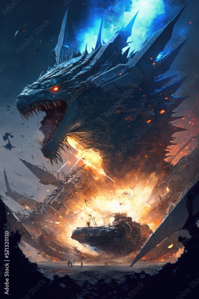 Ancient dragon biting through a massive starship cruiser, shatter ...