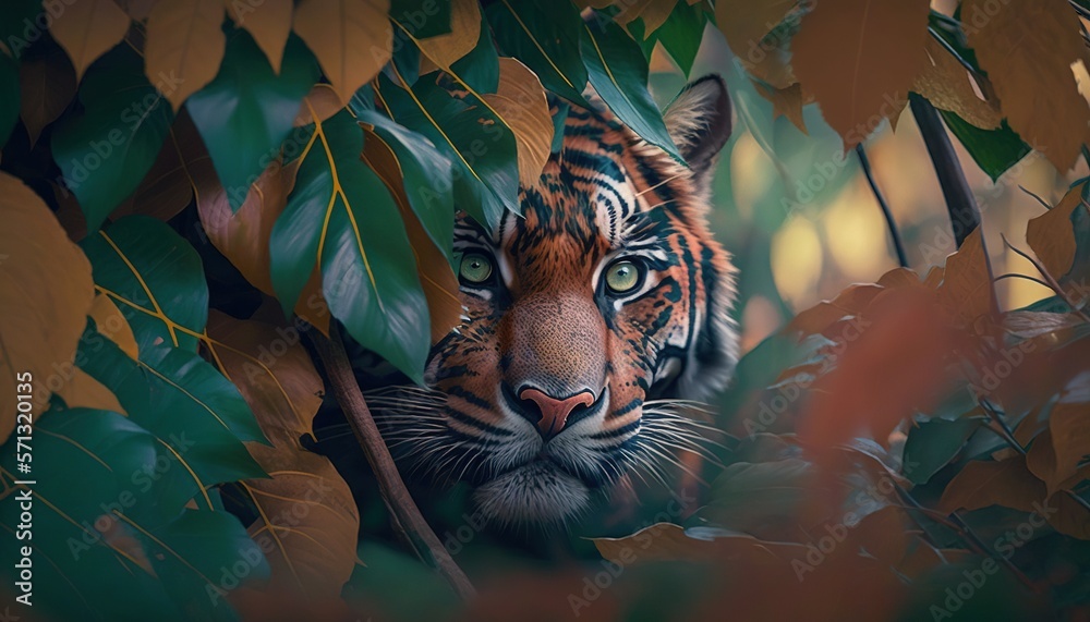 a tiger peeking out from behind a tree Stock Illustration | Adobe Stock