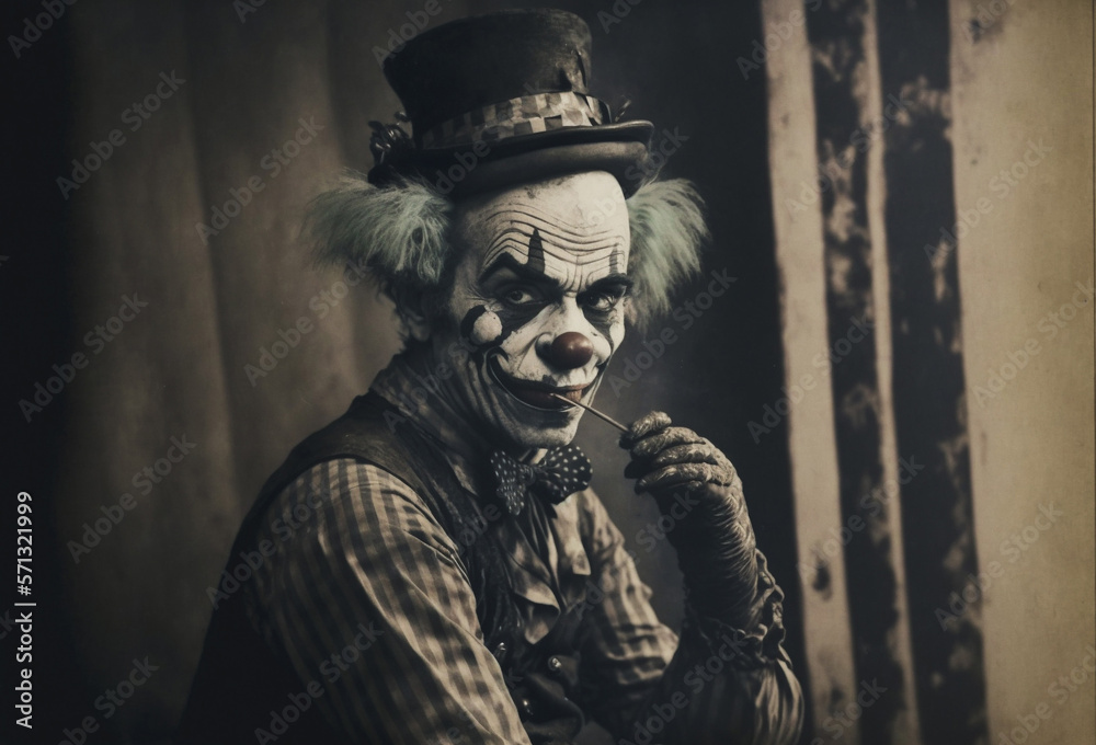 Creepy old clown in a vintage circus wearing a top hat. generative AI ...