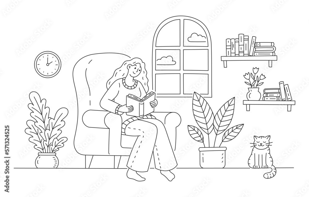 Girl reading book doodle illustration including young woman sitting in ...
