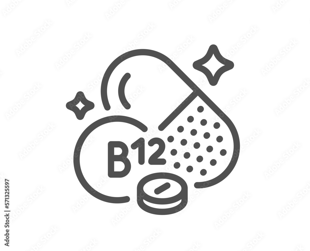 Vitamin B12 line icon. Cobalamin food nutrient sign. Capsule or pill ...